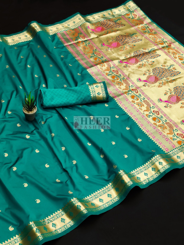 Rama green color paithani silk saree with zari weaving work