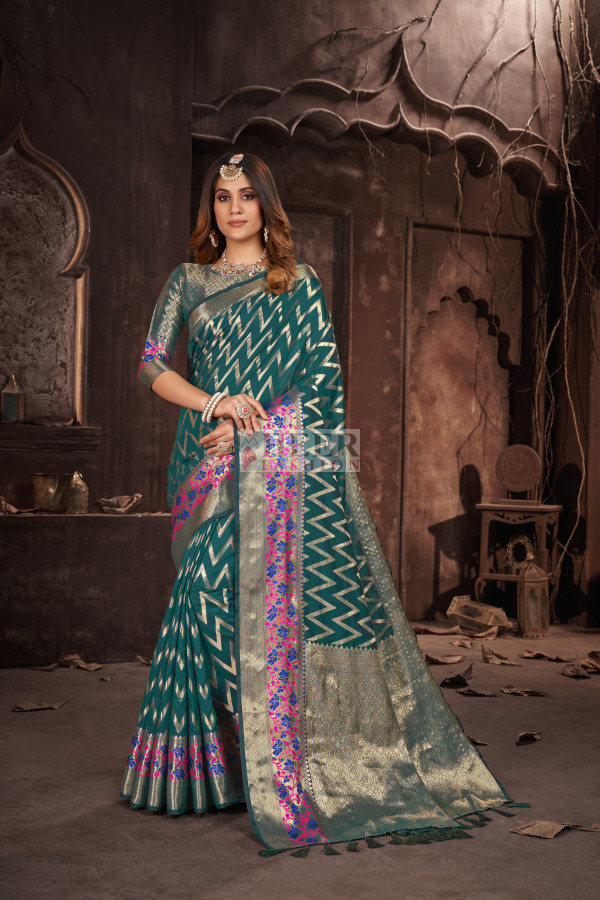 Rama green color banarasi silk saree with zari weaving work
