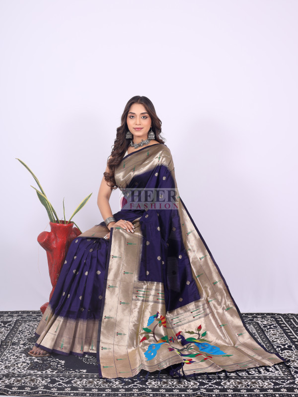 Navy blue color paithani silk saree with zari weaving work