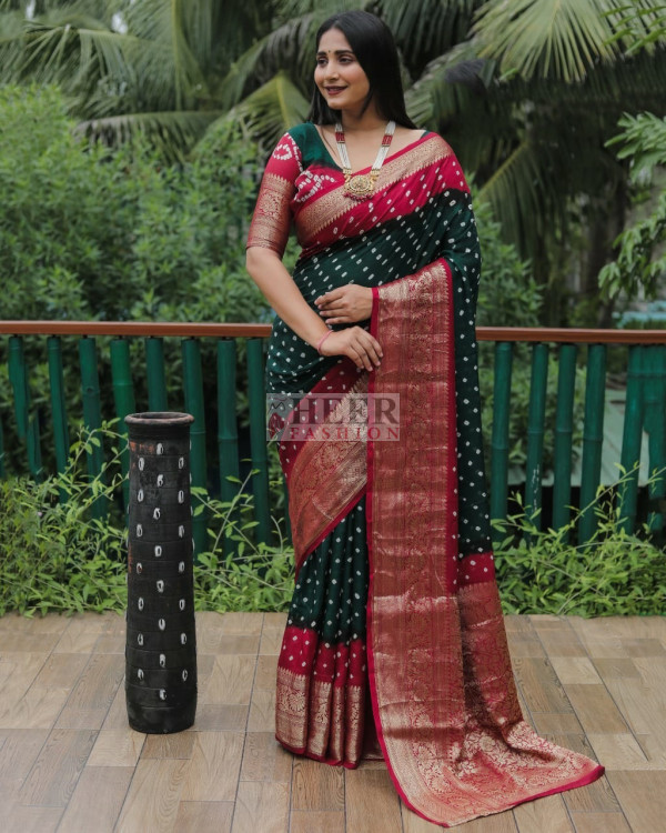 Multi color hand bandhej silk saree with zari weaving work