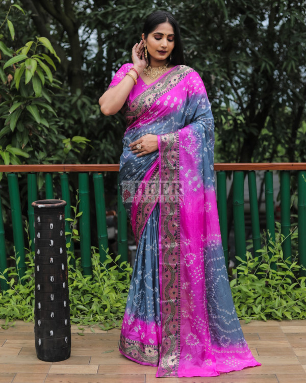 Multi color hand bandhej saree with zari weaving work