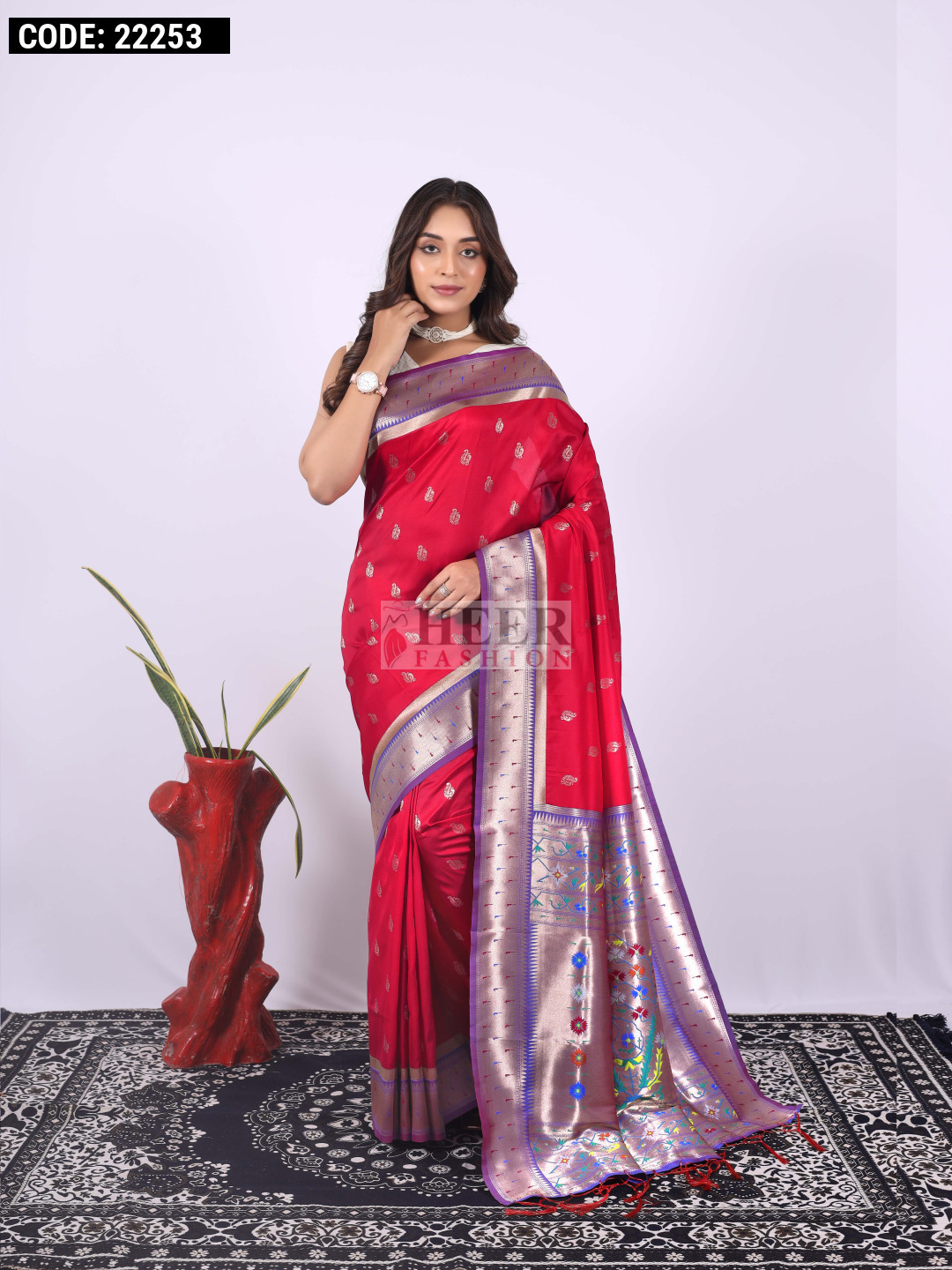 Red color paithani silk saree with zari weaving work