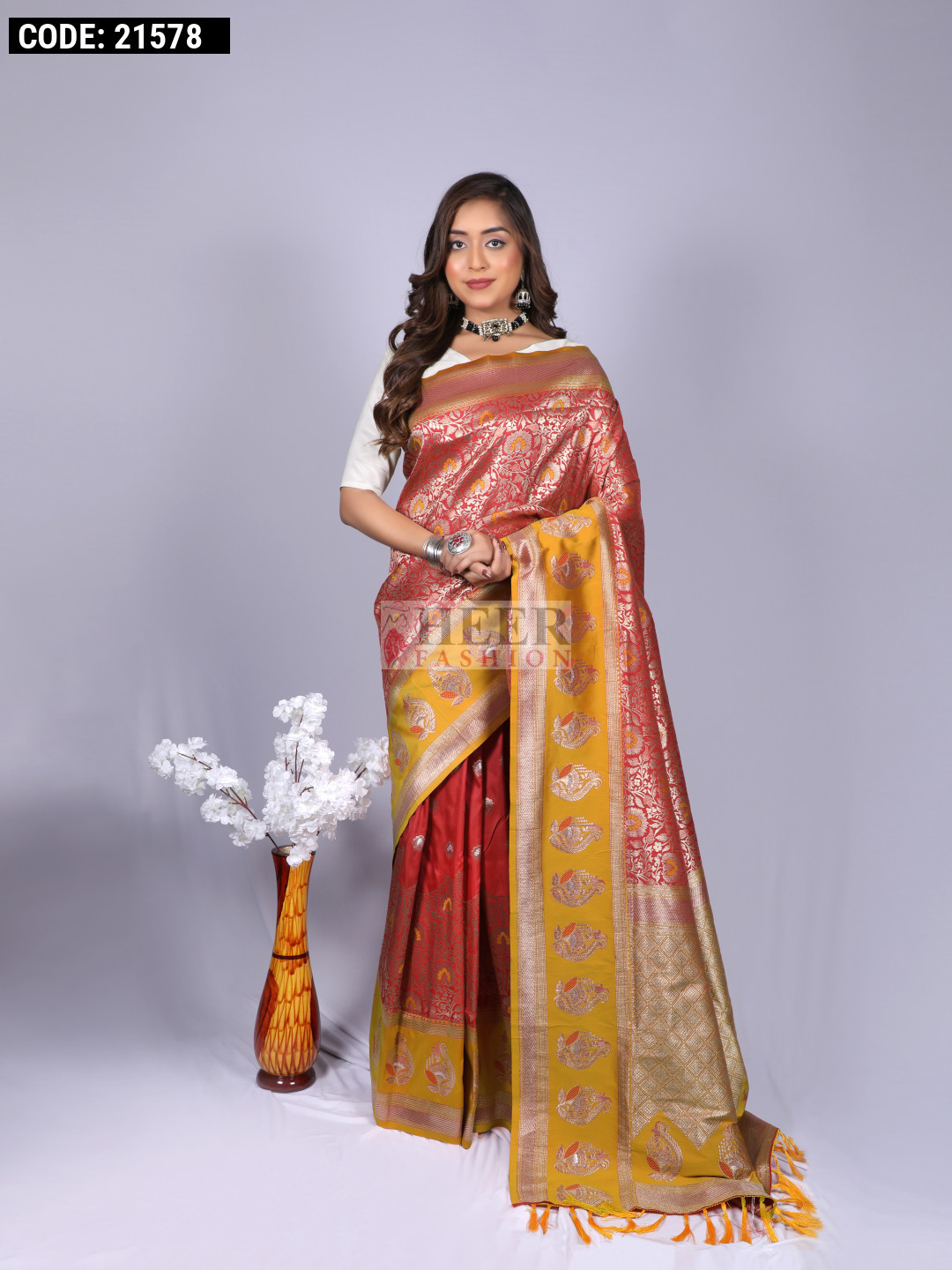 Red color kanchipuram silk saree with zari weaving work