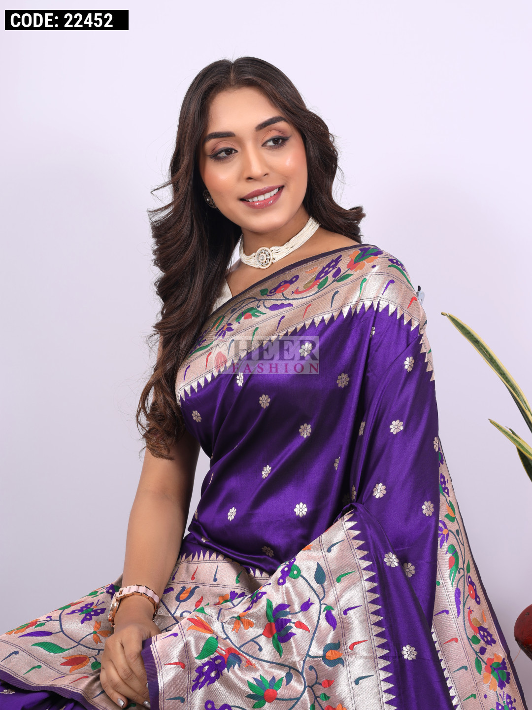 Violet color paithani silk saree with zari weaving work
