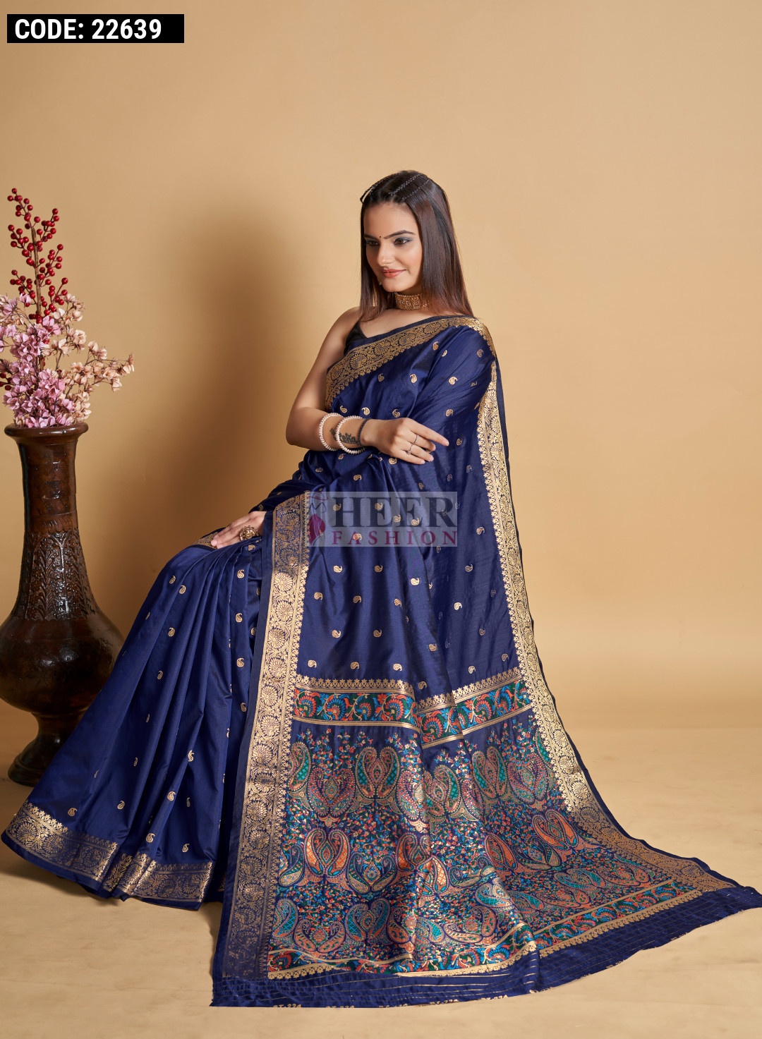 Navy blue color paithani silk saree with zari weaving work