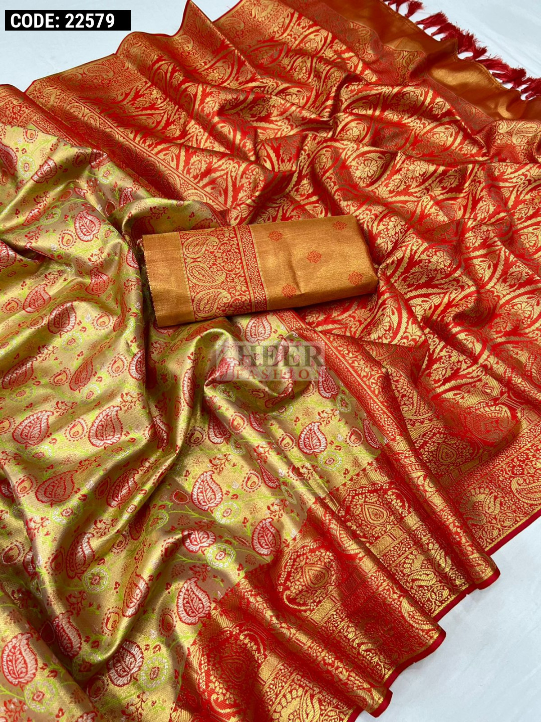 Beige color kanchipuram silk saree with zari weaving work