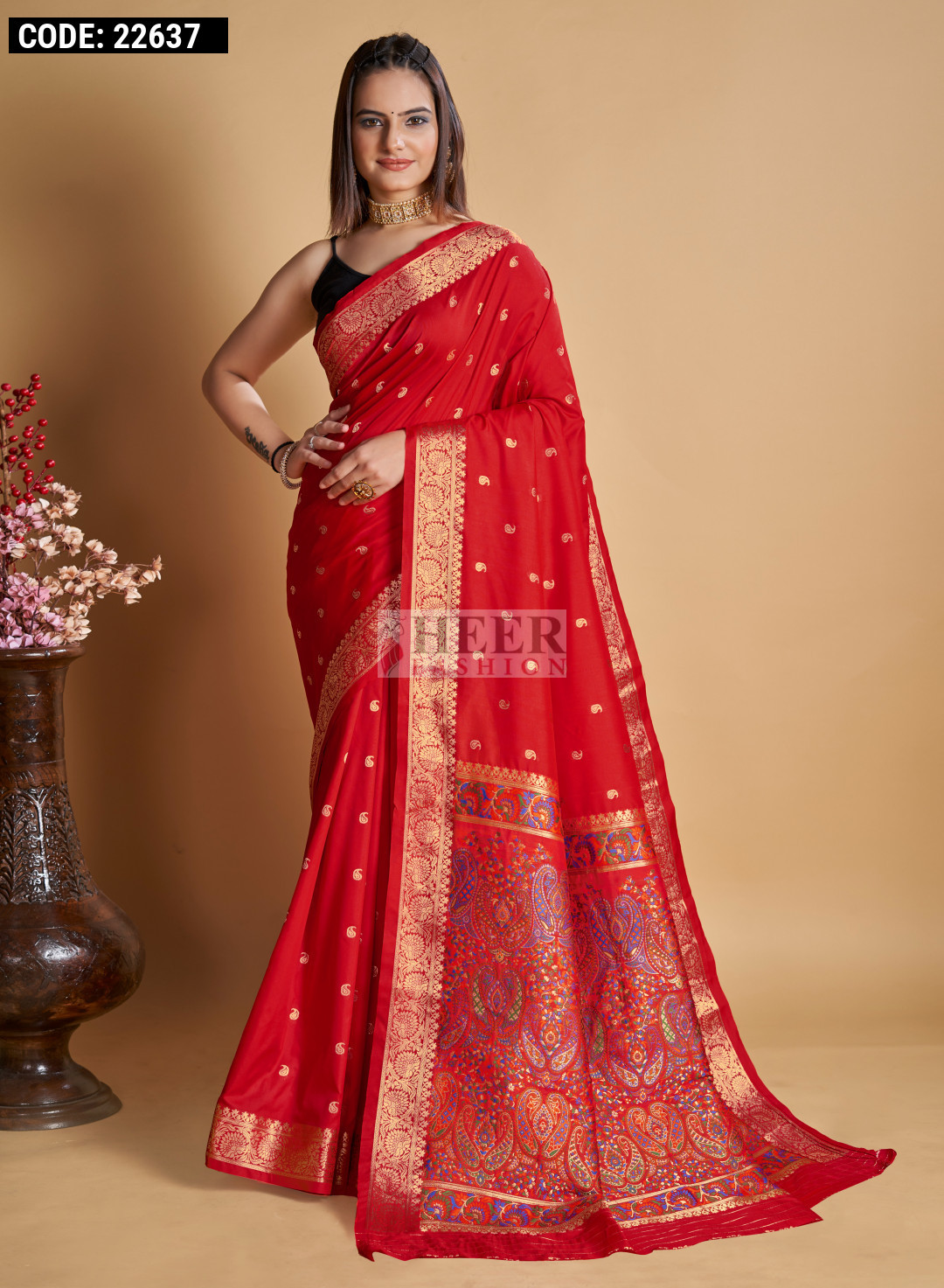 Red color paithani silk saree with zari weaving work