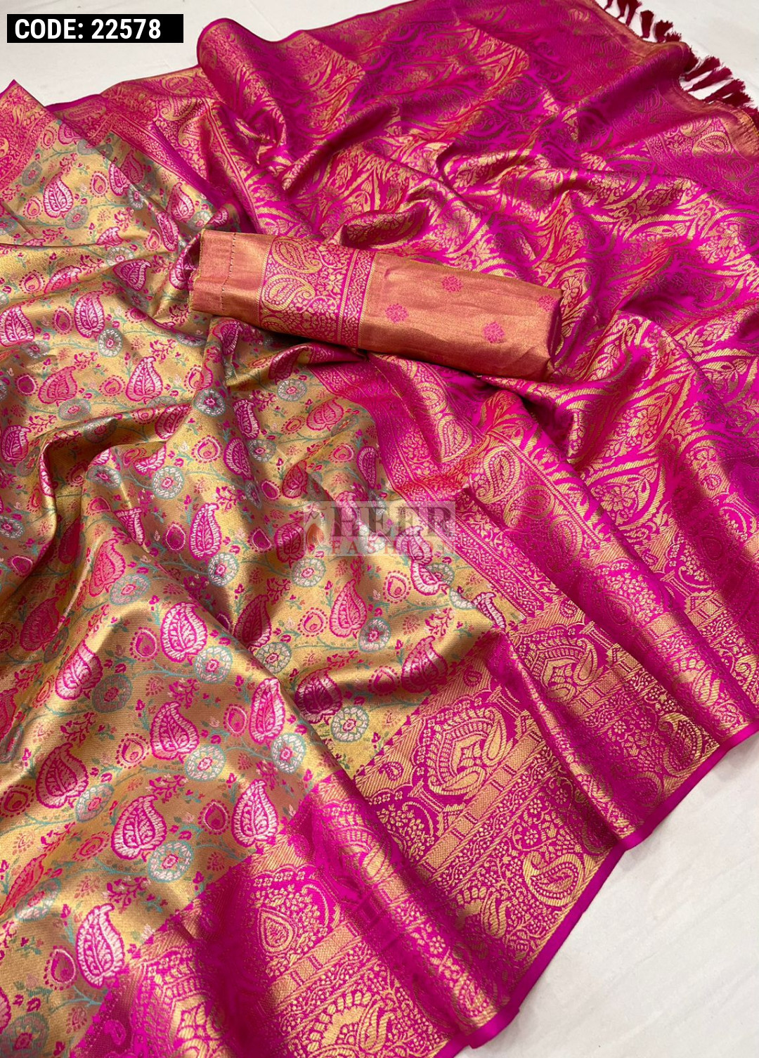 Rani pink color kanchipuram silk saree with zari weaving work