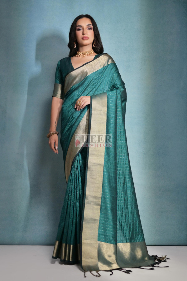 Rama green color soft raw silk saree with zari weaving work