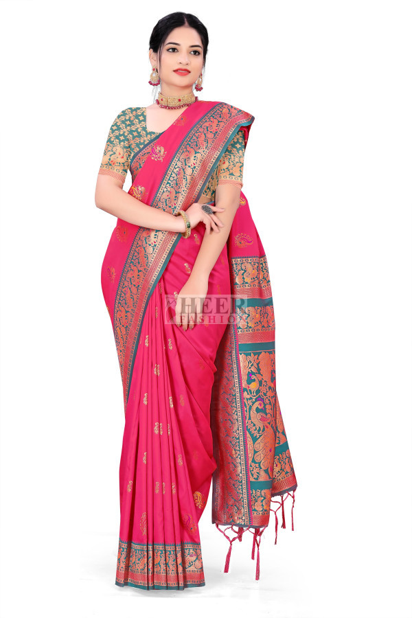 Pink color banarasi silk saree with zari weaving work