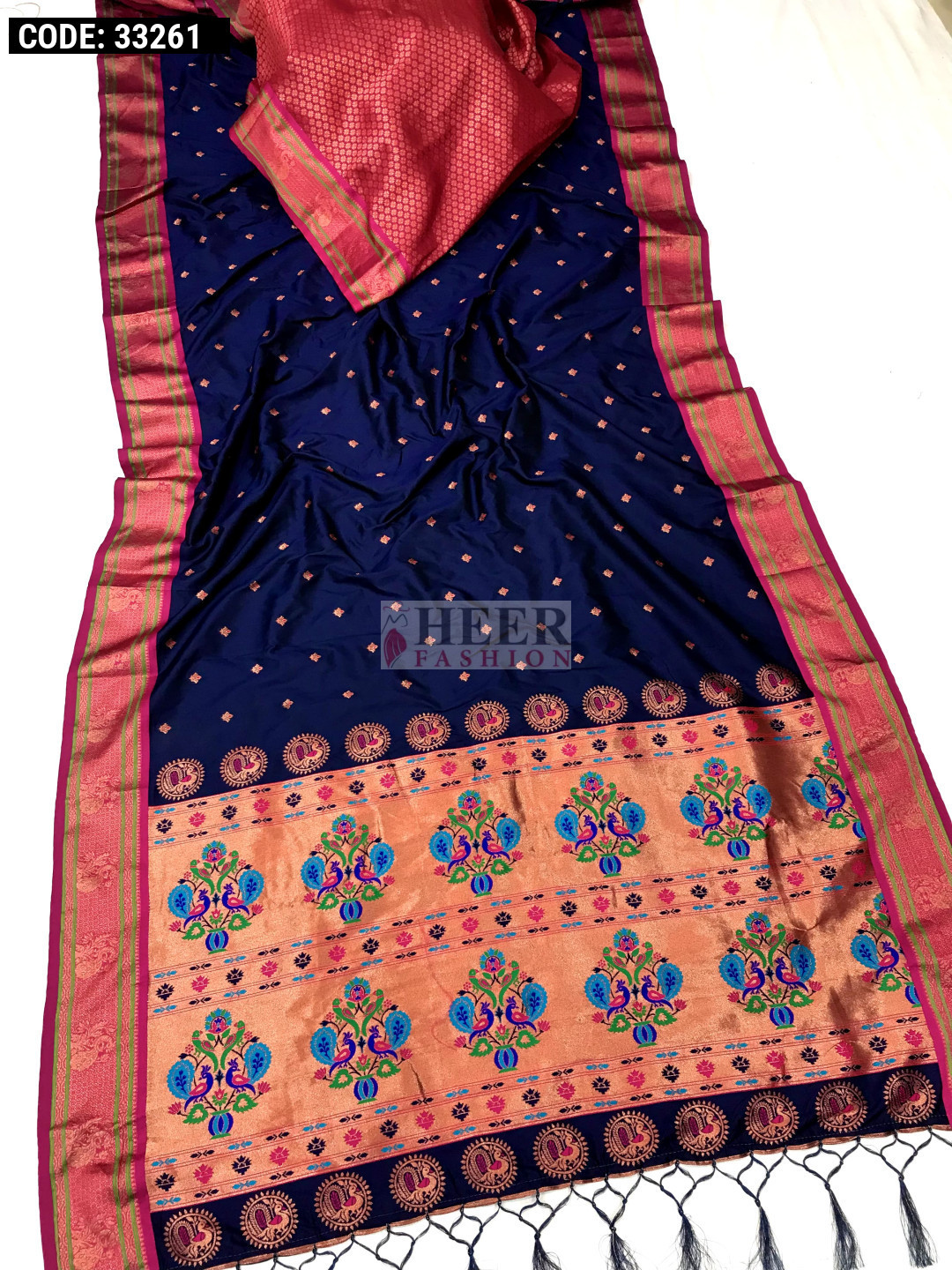 Navy blue color paithani silk saree with zari weaving work