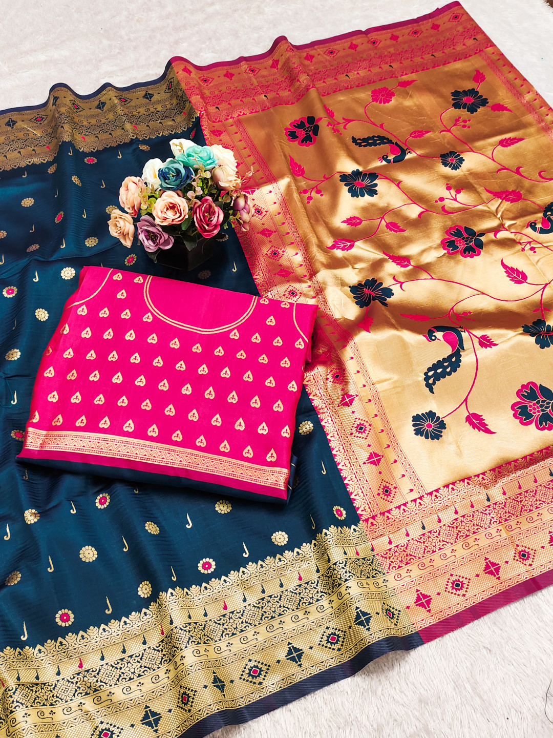 Traditional morpeach paithani silk saree with zari weaving work