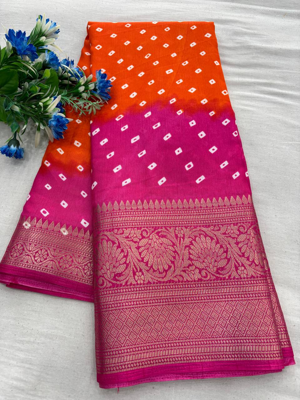 Orange and pink hand bandhej bandhani saree with zari weaving border ...