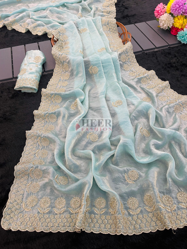 Sky blue fandy satin silk saree with butta work and cutwork border