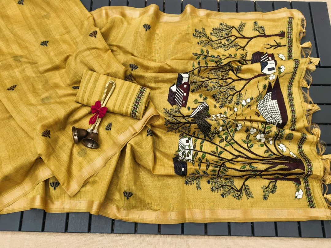 Yellow ghicha cotton saree with resham weaving pallu and zari weaving ...