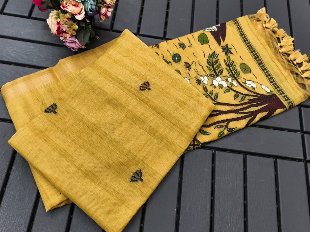 Yellow ghicha cotton saree with resham weaving pallu and zari weaving ...