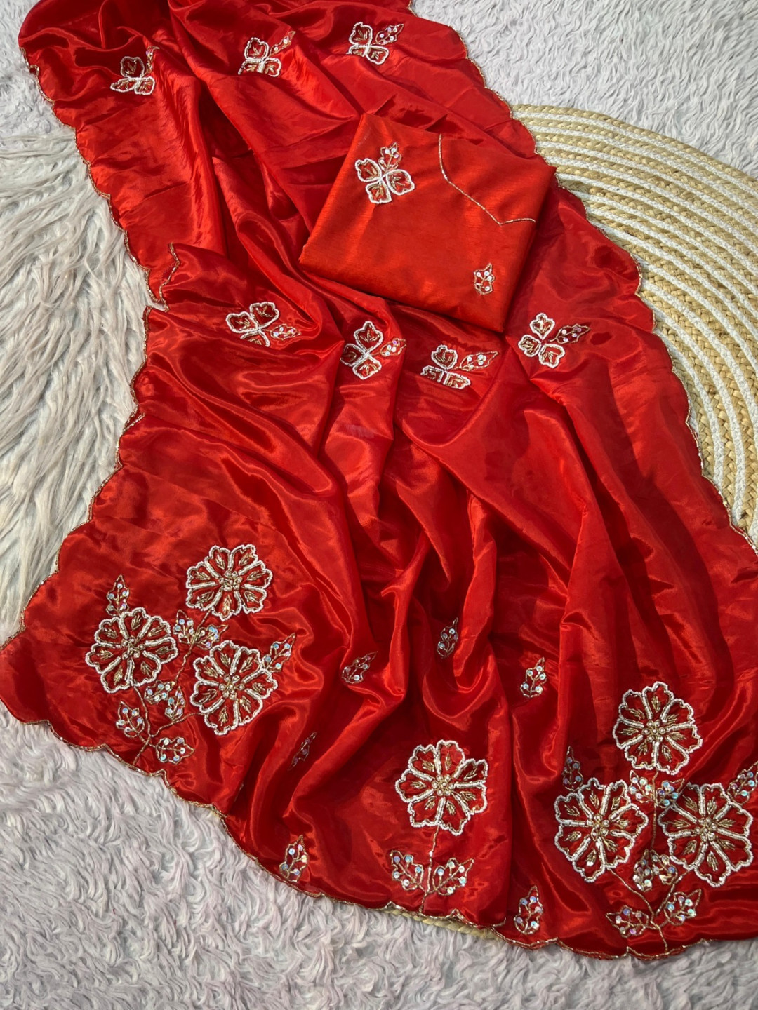Red color soft shine HO silk saree with heavy hand work pallu