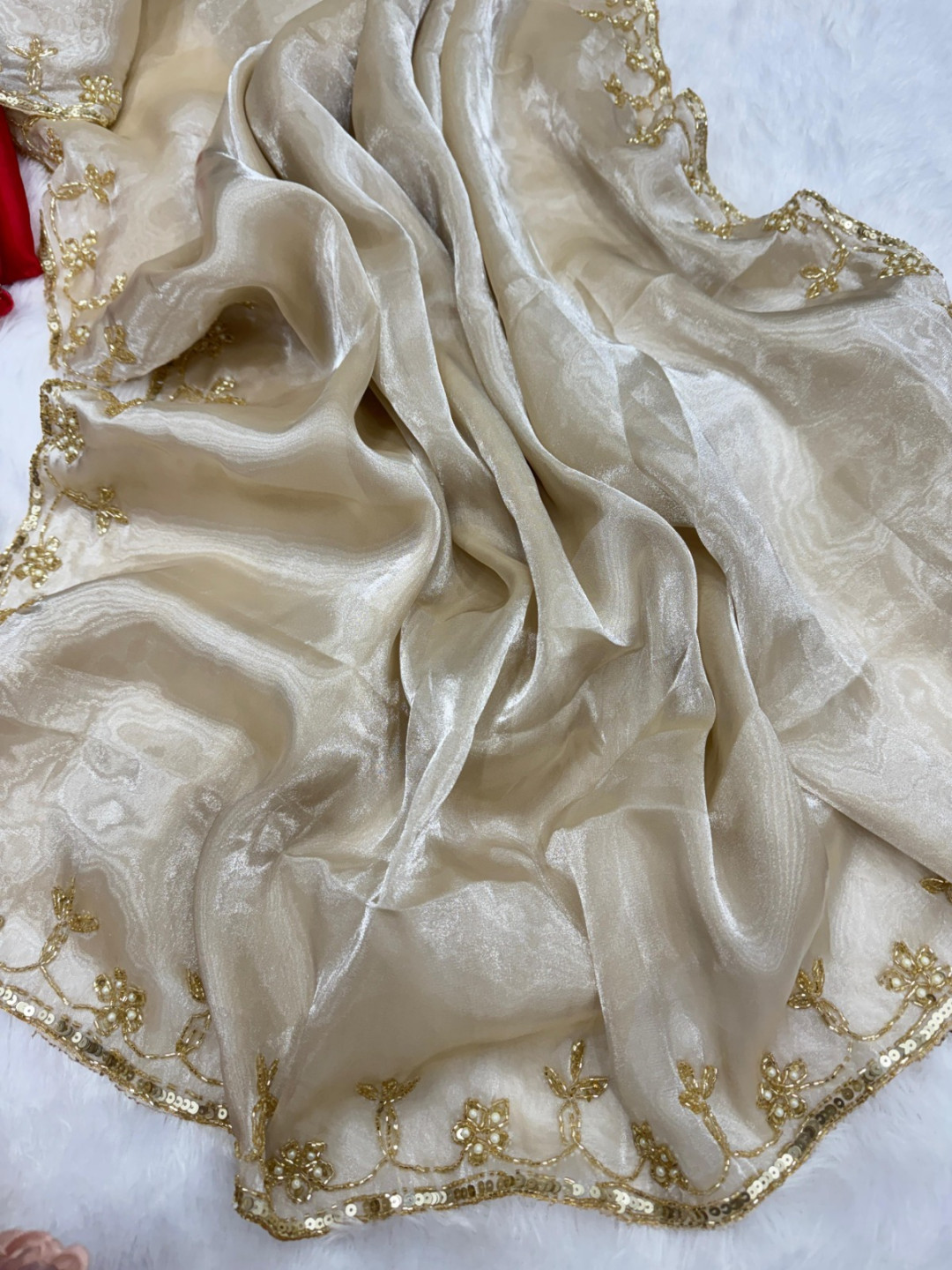Beige jimmy choo saree with Beautiful khatli work and Handwork border