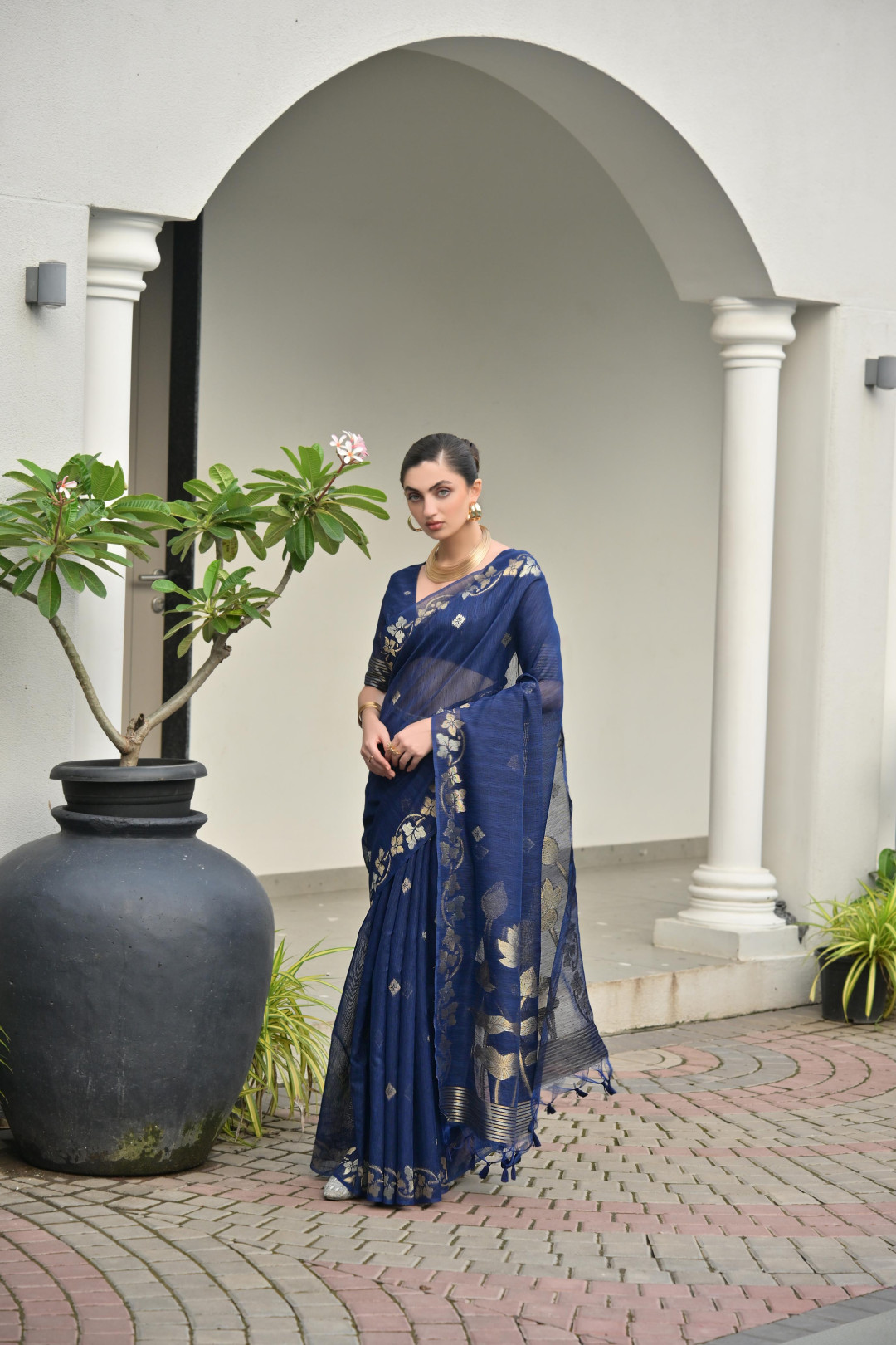 Navy blue color soft ghicha silk saree with zari weaving work