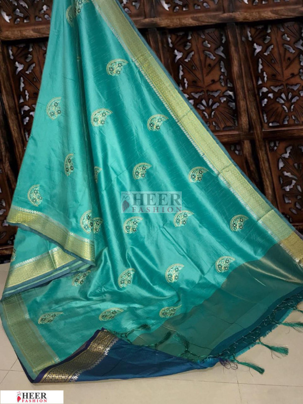 Rama Green color Soft Raw silk embroidered work saree