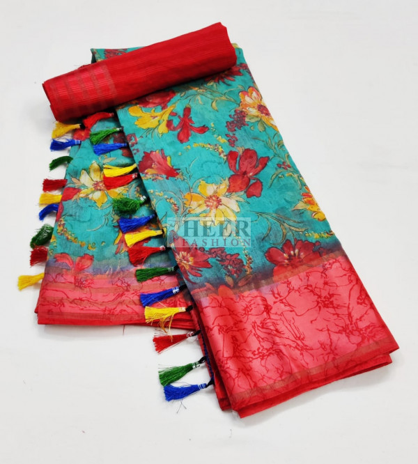 Firoji color soft cotton saree with printed work