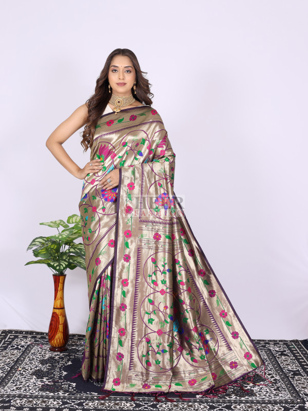 Magenta color paithani silk saree with zari weaving work