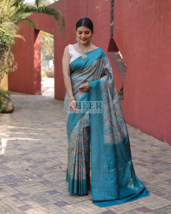 Firoji color soft fancy silk saree with digital printed work