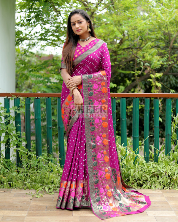 Magenta color bandhej silk saree with woven design