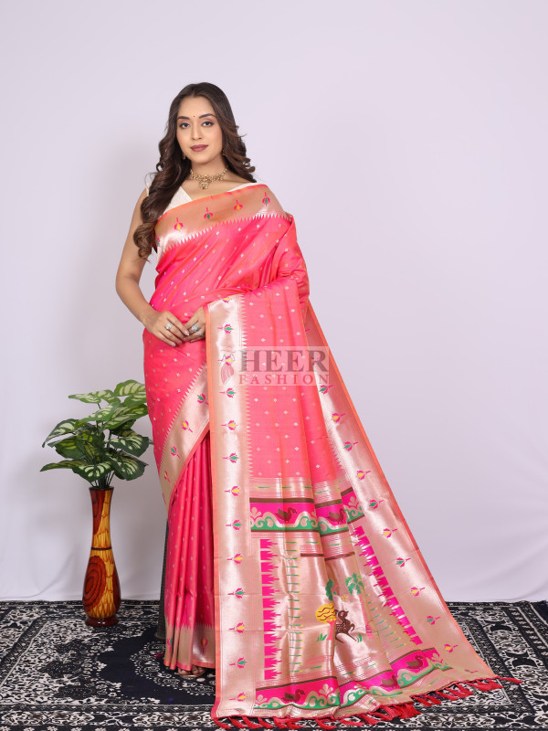 Peach color paithani silk saree with zari weaving work