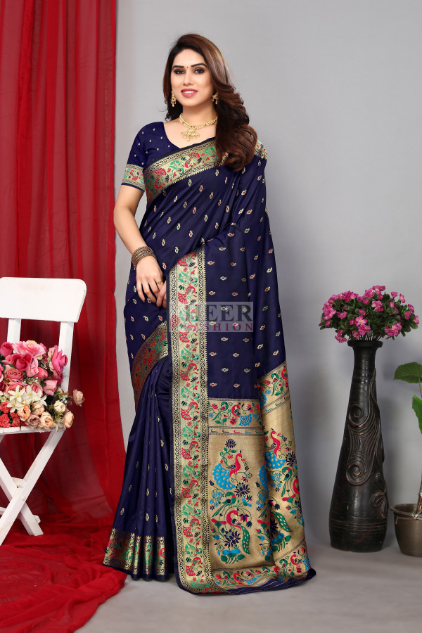 Navy blue color paithani silk saree with zari weaving work
