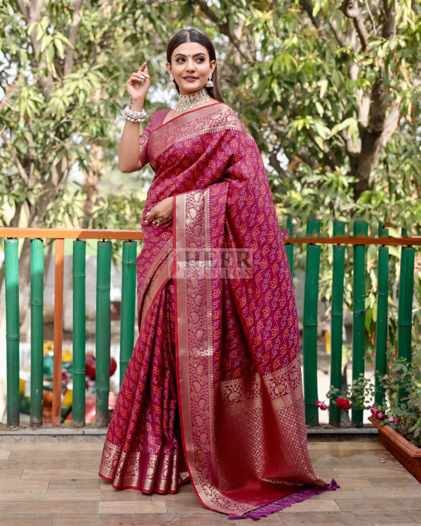 Magenta color cotton silk saree with zari weaving work