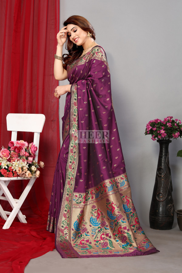 Magenta color paithani silk saree with zari weaving work