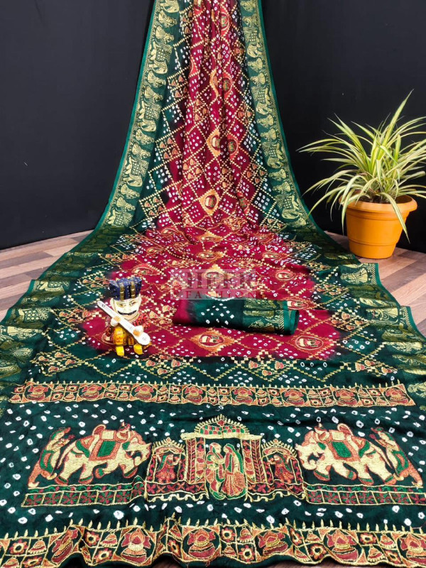 Multi color pure hand bandhej silk saree with zari weaving work