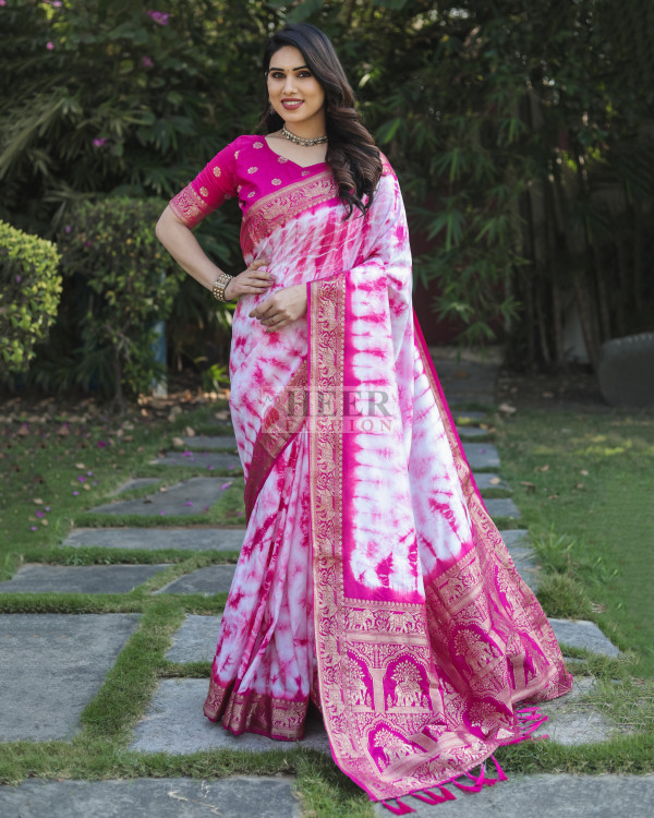 Rani pink color dola silk saree with shibori printed work