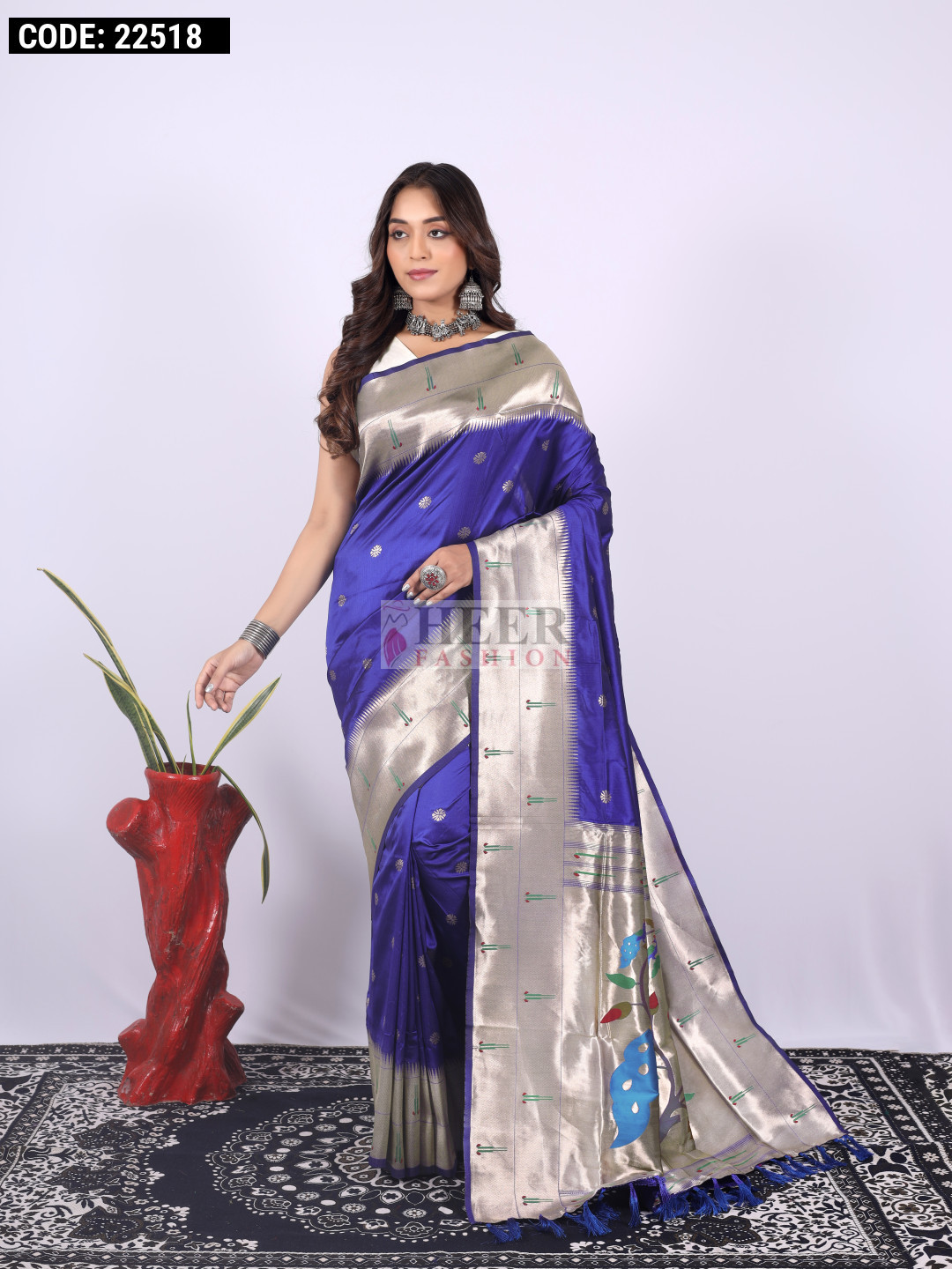 Royal blue color paithani silk saree with zari weaving work
