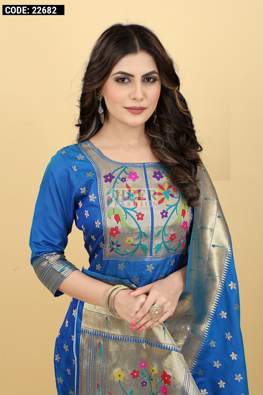 Royal blue color paithani silk unstitched dress