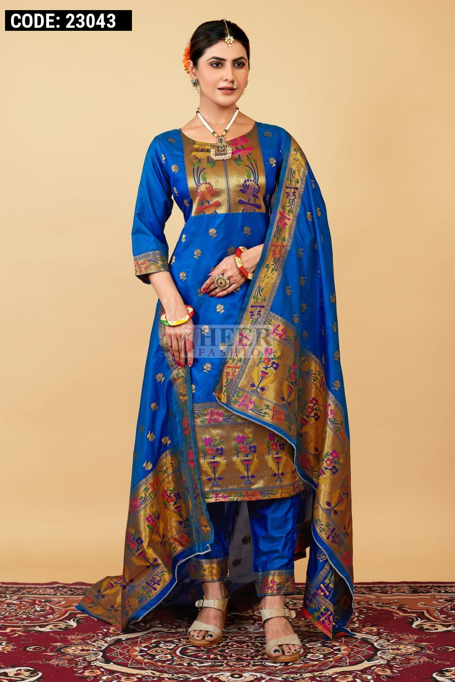 Royal blue color paithani silk unstitched dress