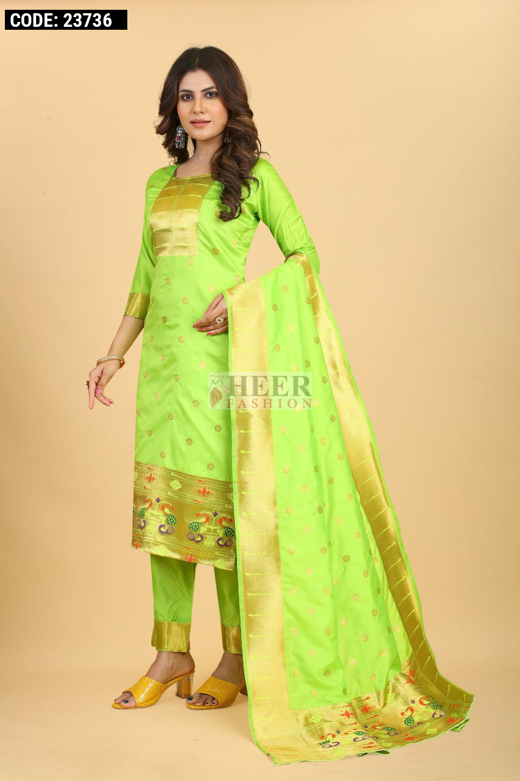 Parrot green color paithani silk unstitched dress
