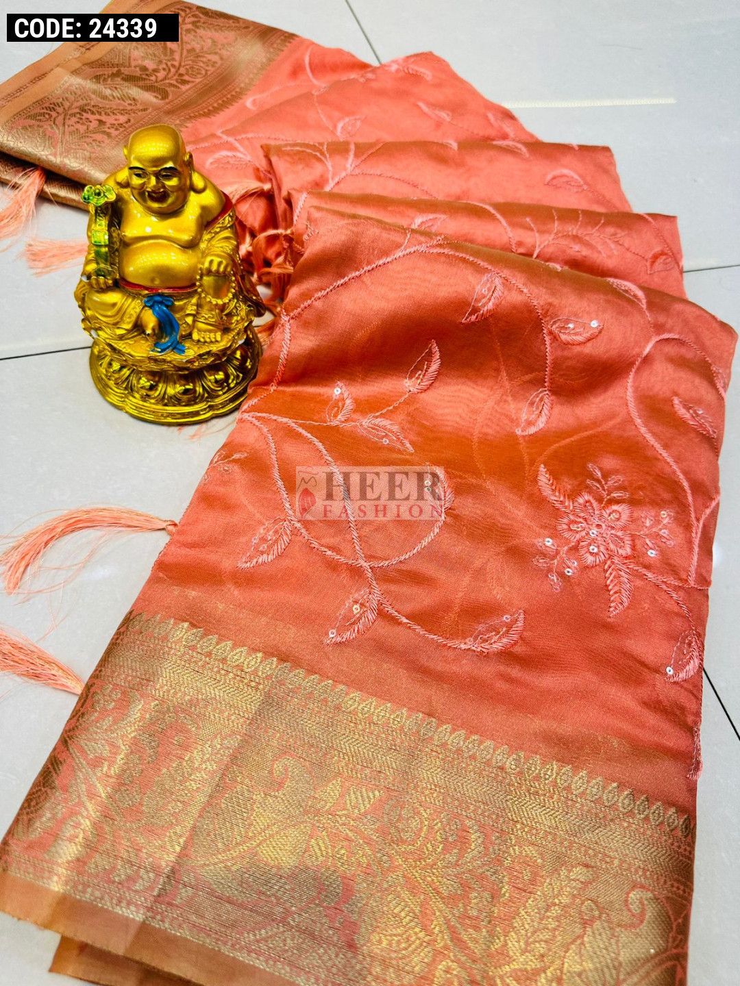Gajari color soft organza silk saree with embroidery work