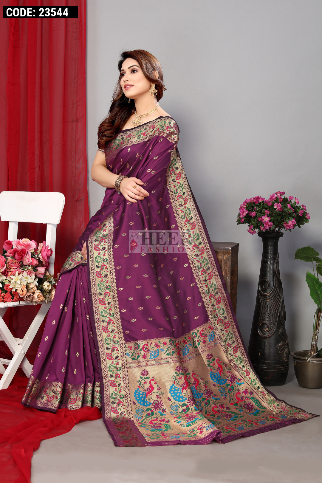 Magenta color paithani silk saree with zari weaving work