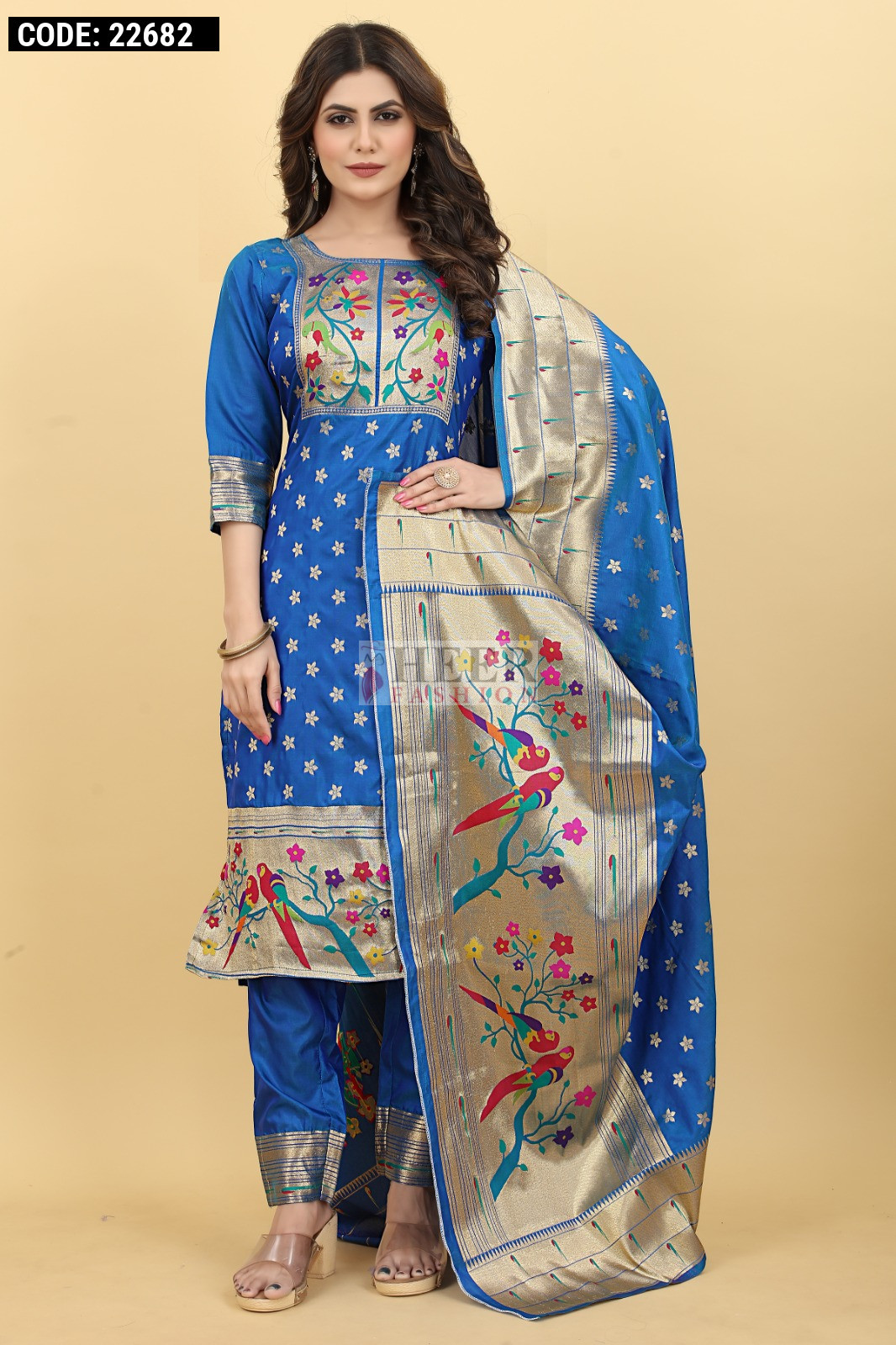 Royal blue color paithani silk unstitched dress