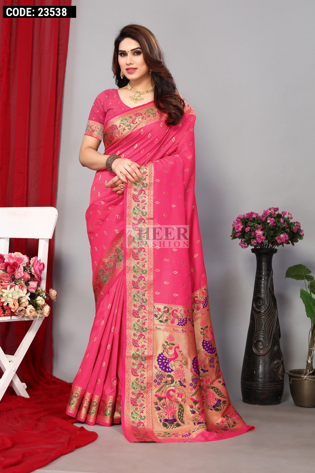 Gajari color paithani silk saree with zari weaving work
