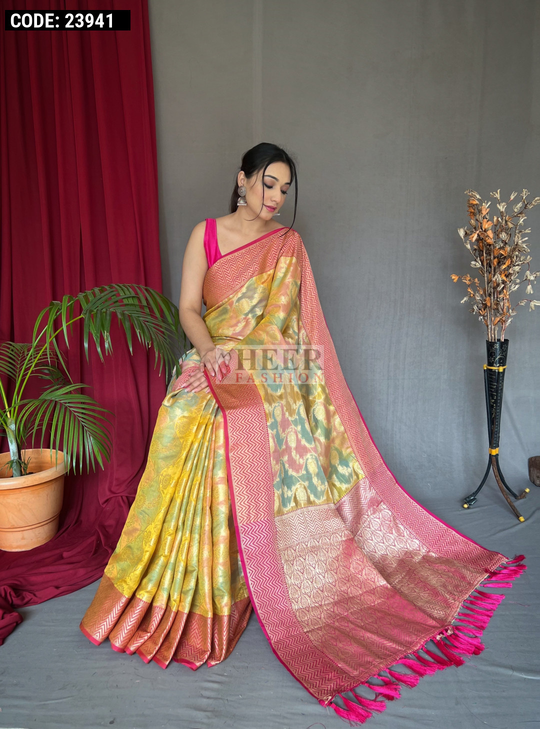 Yellow color tussar silk saree with zari weaving work