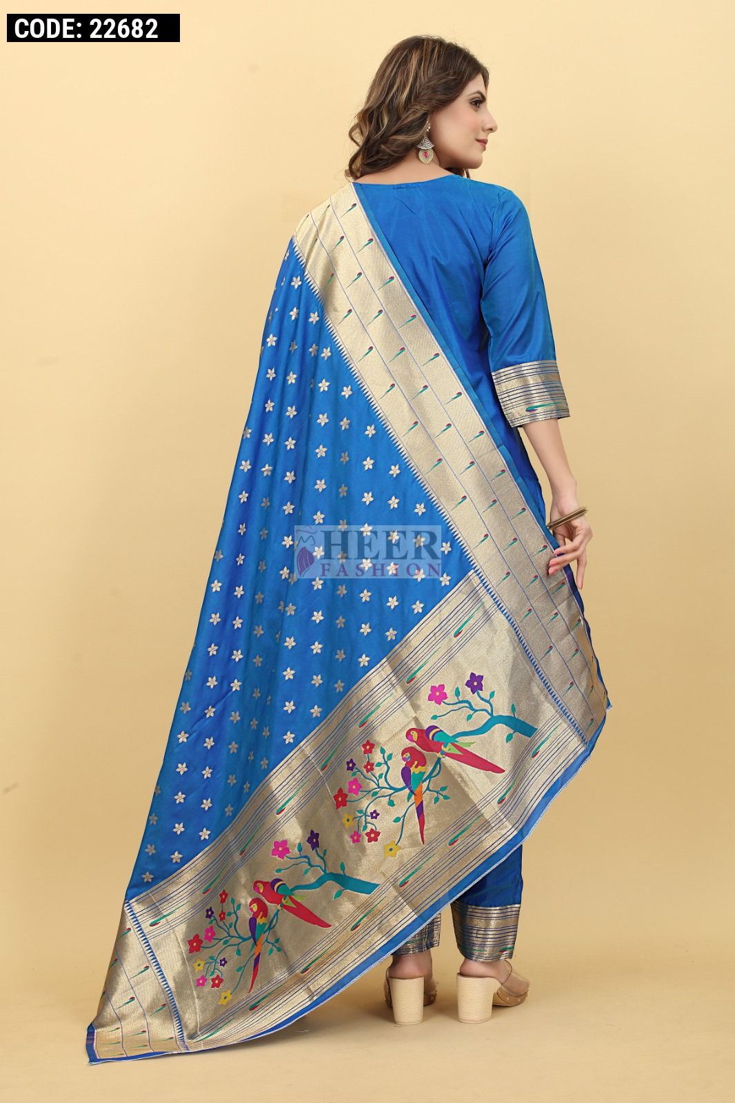 Royal blue color paithani silk unstitched dress