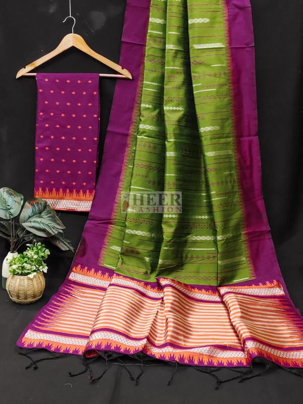 Mahendi green color soft handloom raw silk saree with weaving work