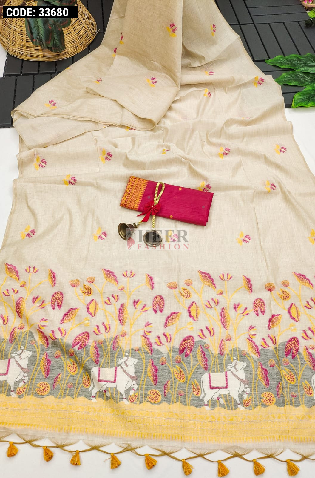 Cream and yellow color muga silk saree with pichwai weaving design