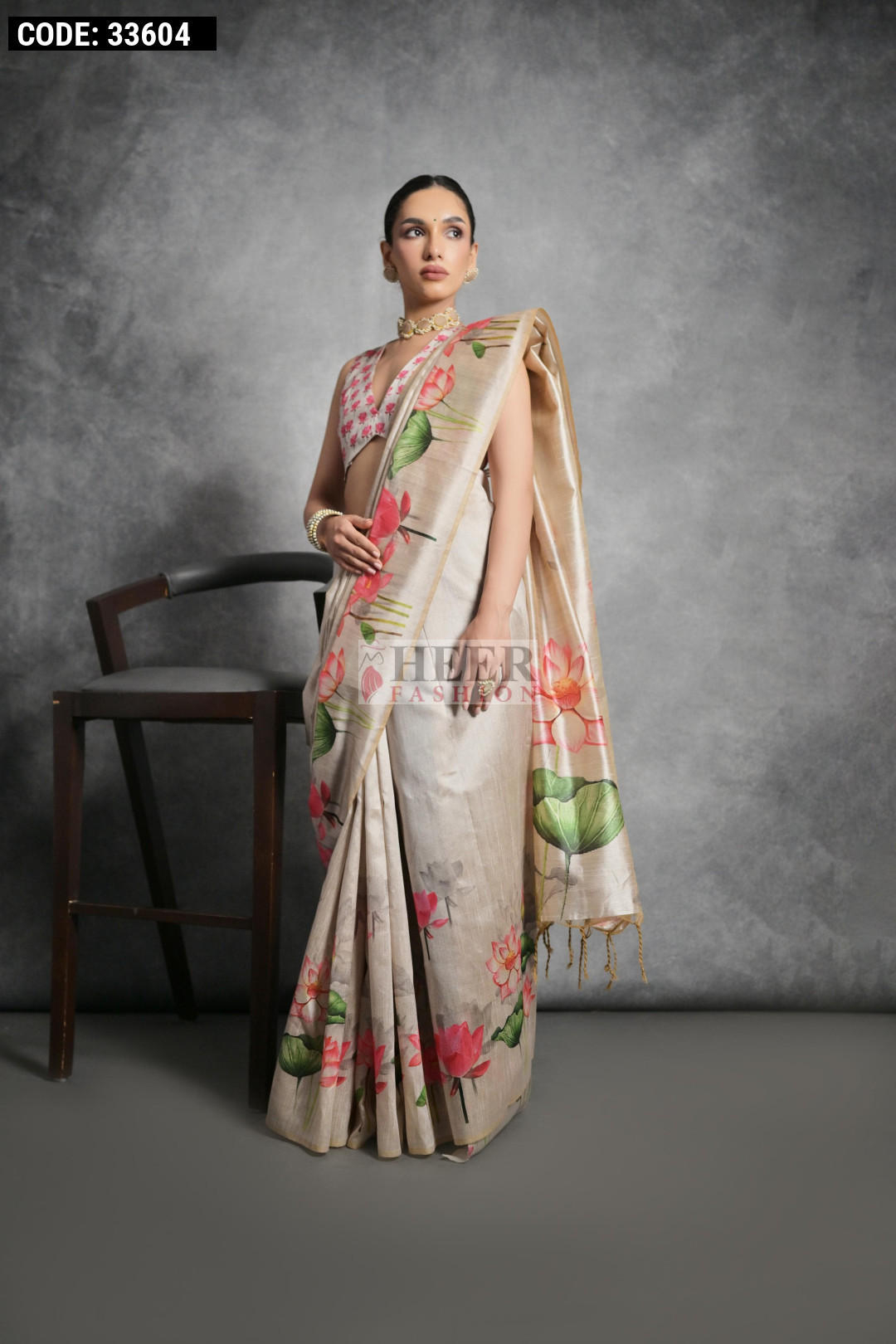 Off white color soft silk saree with printed work