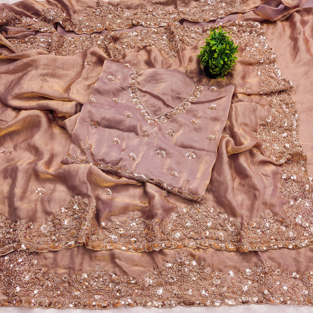 Baby pink fandy satin silk saree with beautiful handwork with cut work ...