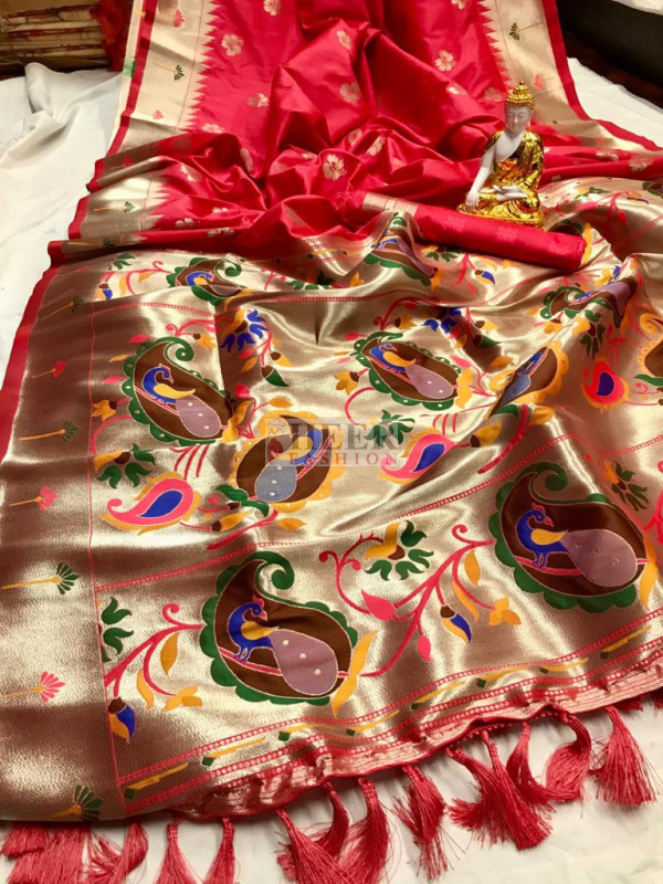 Gajari color paithani silk saree with contrast minakari work