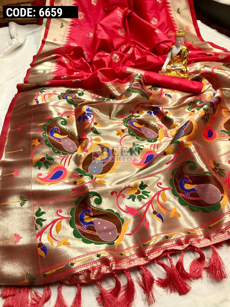 Gajari color paithani silk saree with contrast minakari work